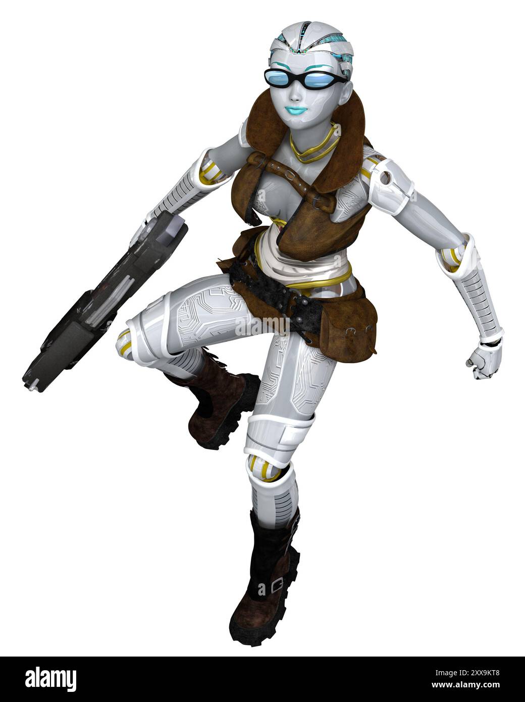 Female Cyborg Adventurer with Giant Gun, Running Forwards Stock Photo ...