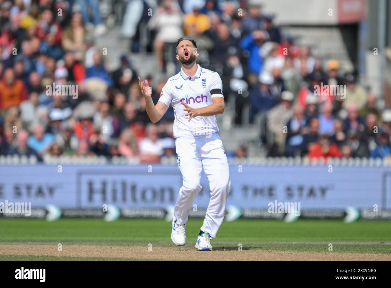 Chris Woakes of England reacts to a close miss during the England Men v ...