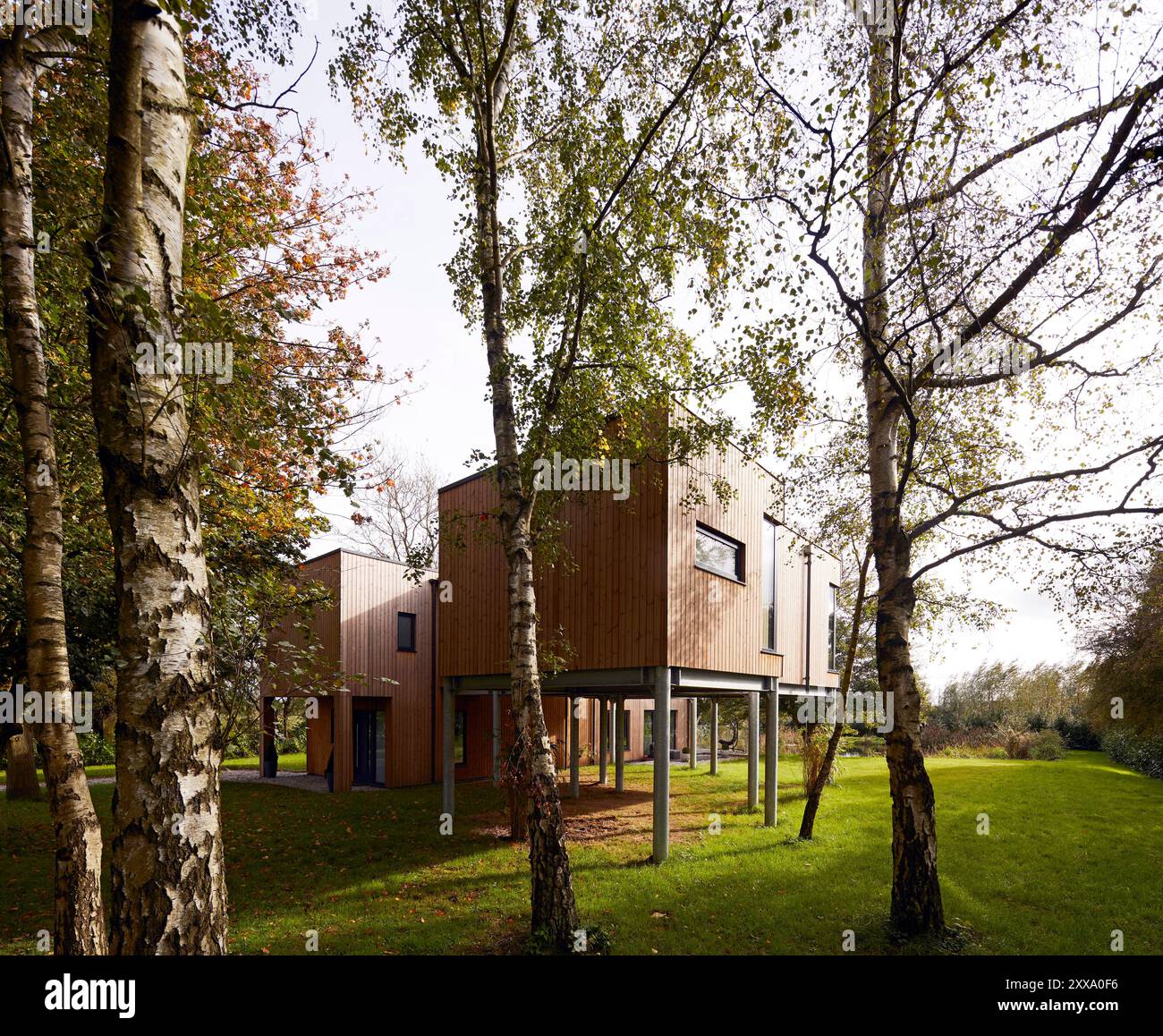 West elevation of house, wood cladding and aluminium window, view ...