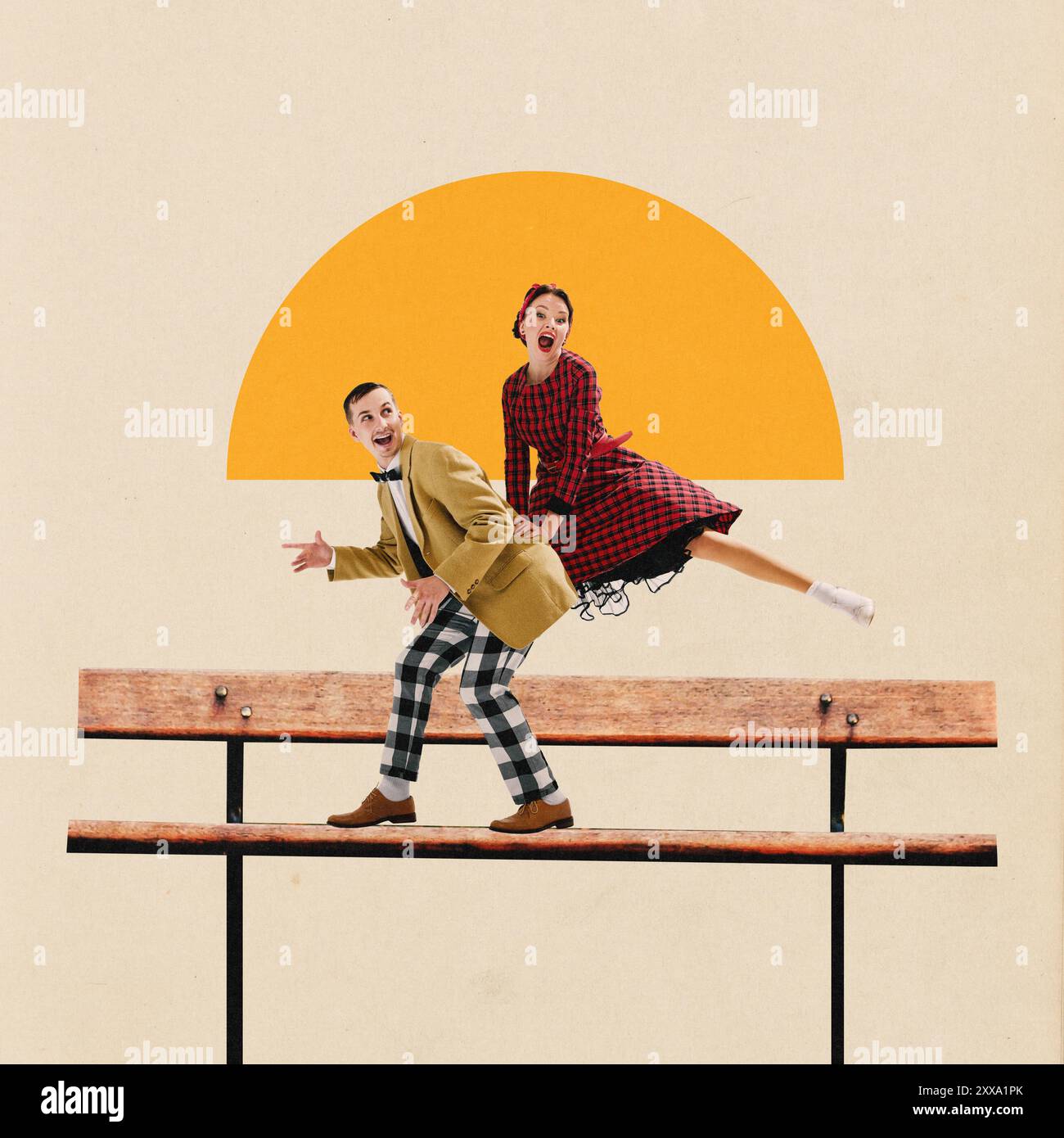 Playful couple in retro outfits dancing on bench against backdrop of ...
