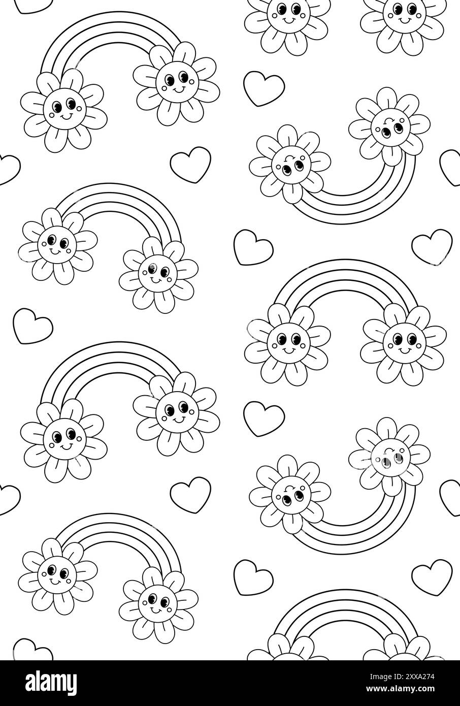Vector seamless pattern of groovy cartoon retro rainbow with flowers ...