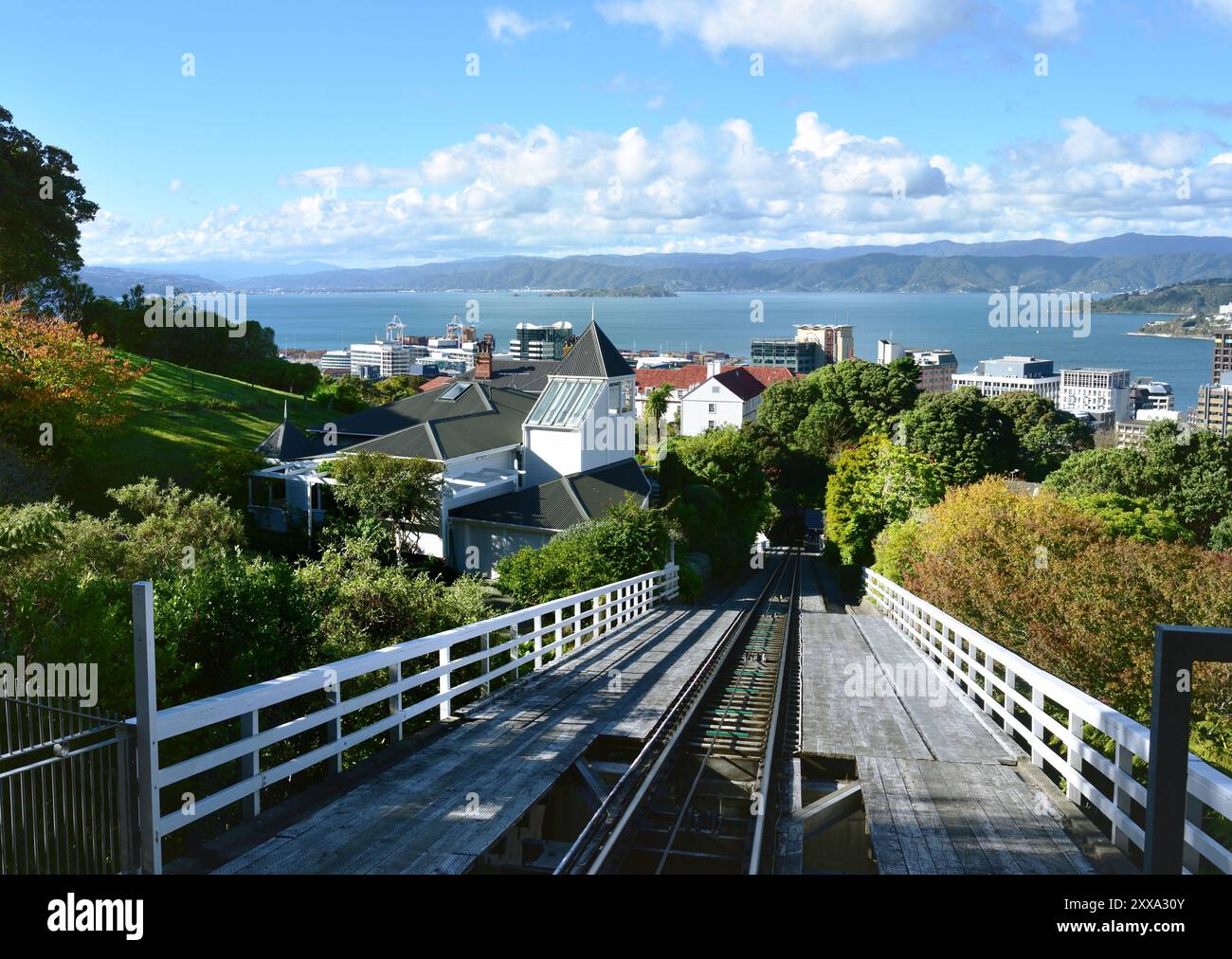 The car cable track, looking over Wellington, New Zealand Stock Photo ...