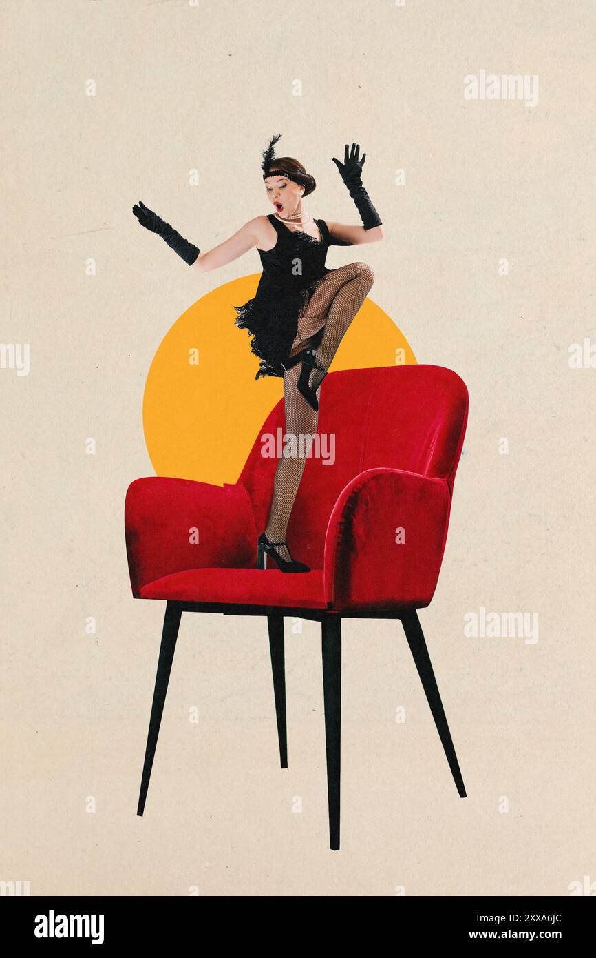 Stylish woman in flapper dress dancing atop red chair, framed by golden ...