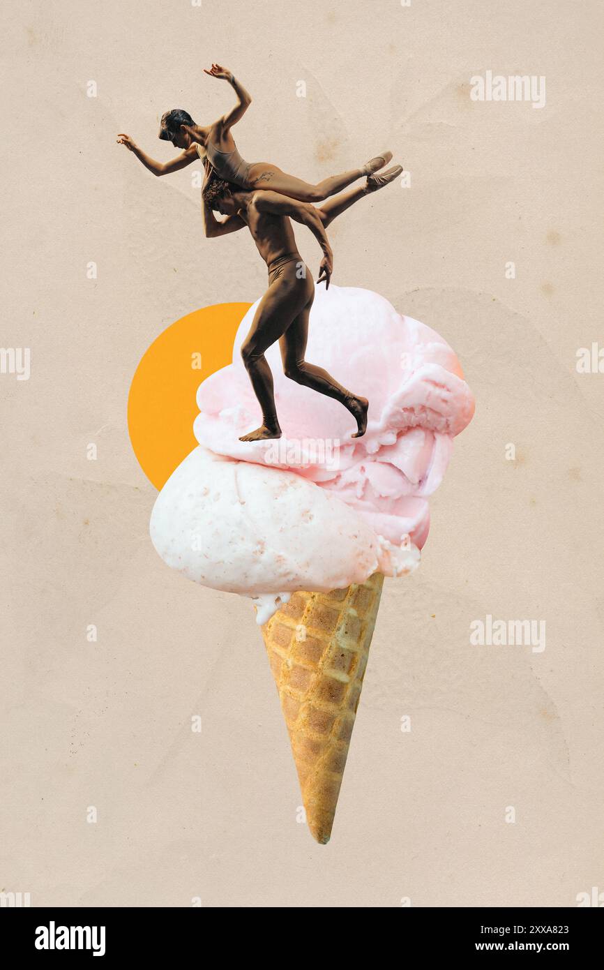 Dynamic elegant man and woman, ballet dancing perfuming atop giant ice ...