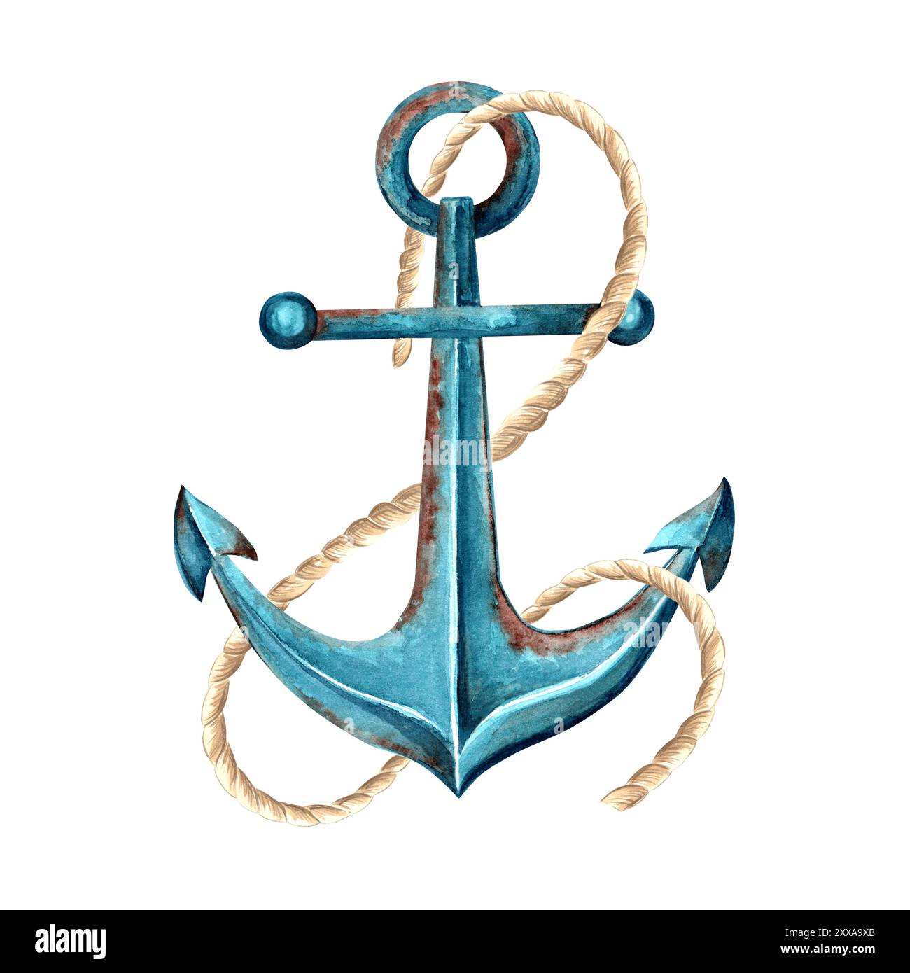 Anchor blue rusty with rope. Hand drawn watercolor illustration ...