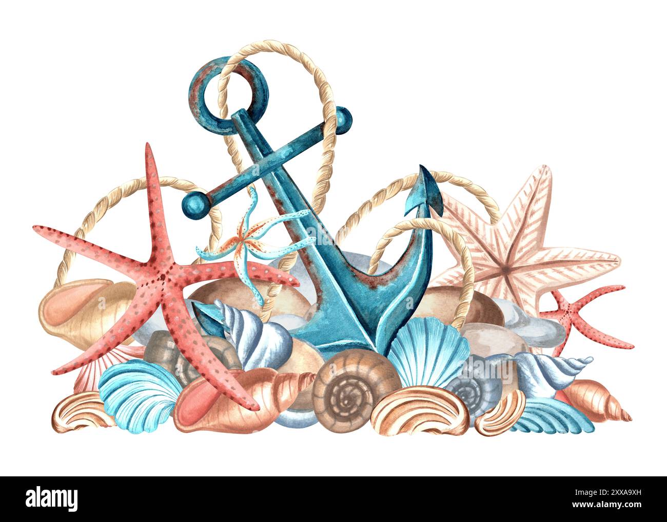 Anchor with shells and starfish on pebbles. Watercolor illustration ...