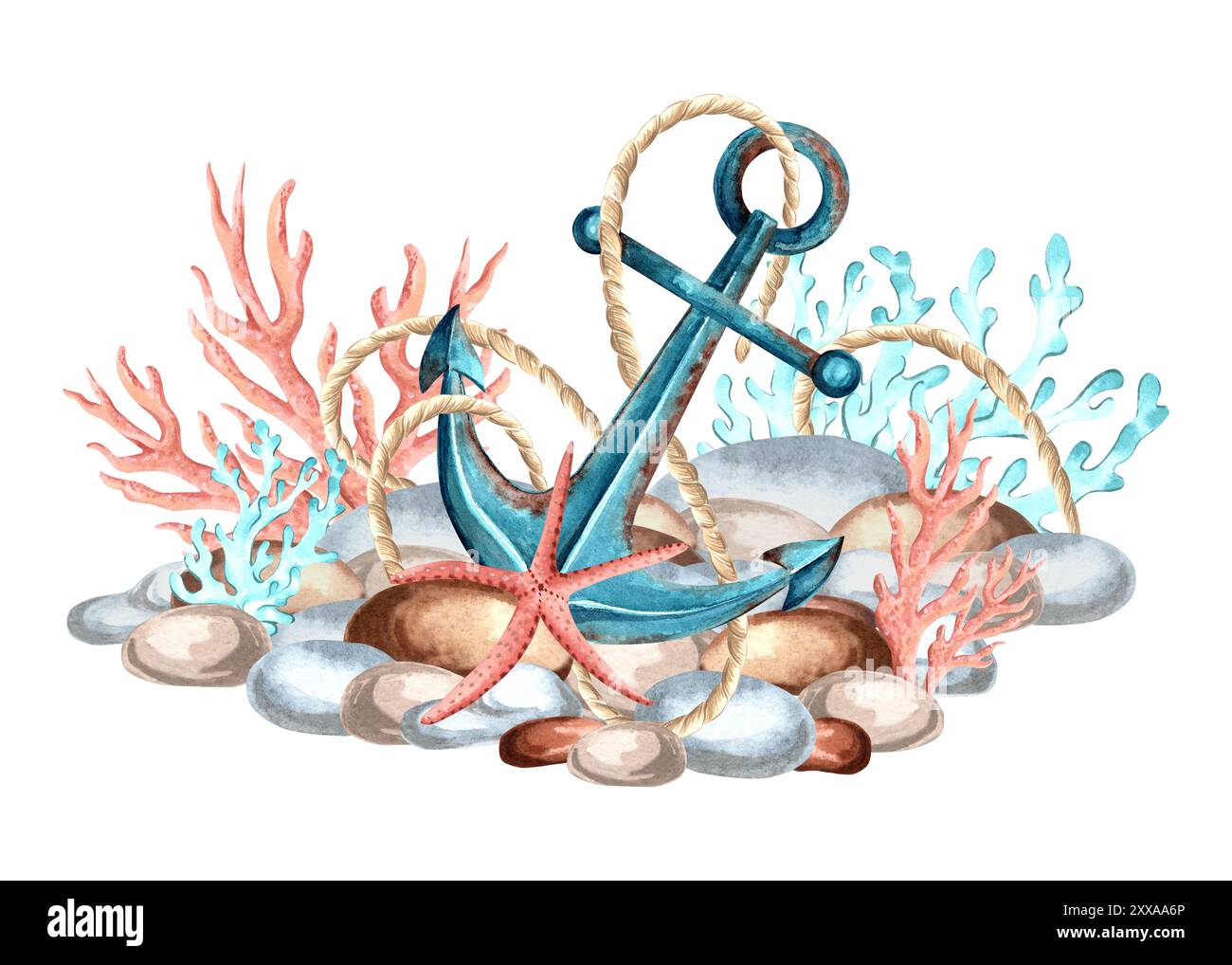 Anchor with coral and starfish on pebbles. Watercolor illustration ...