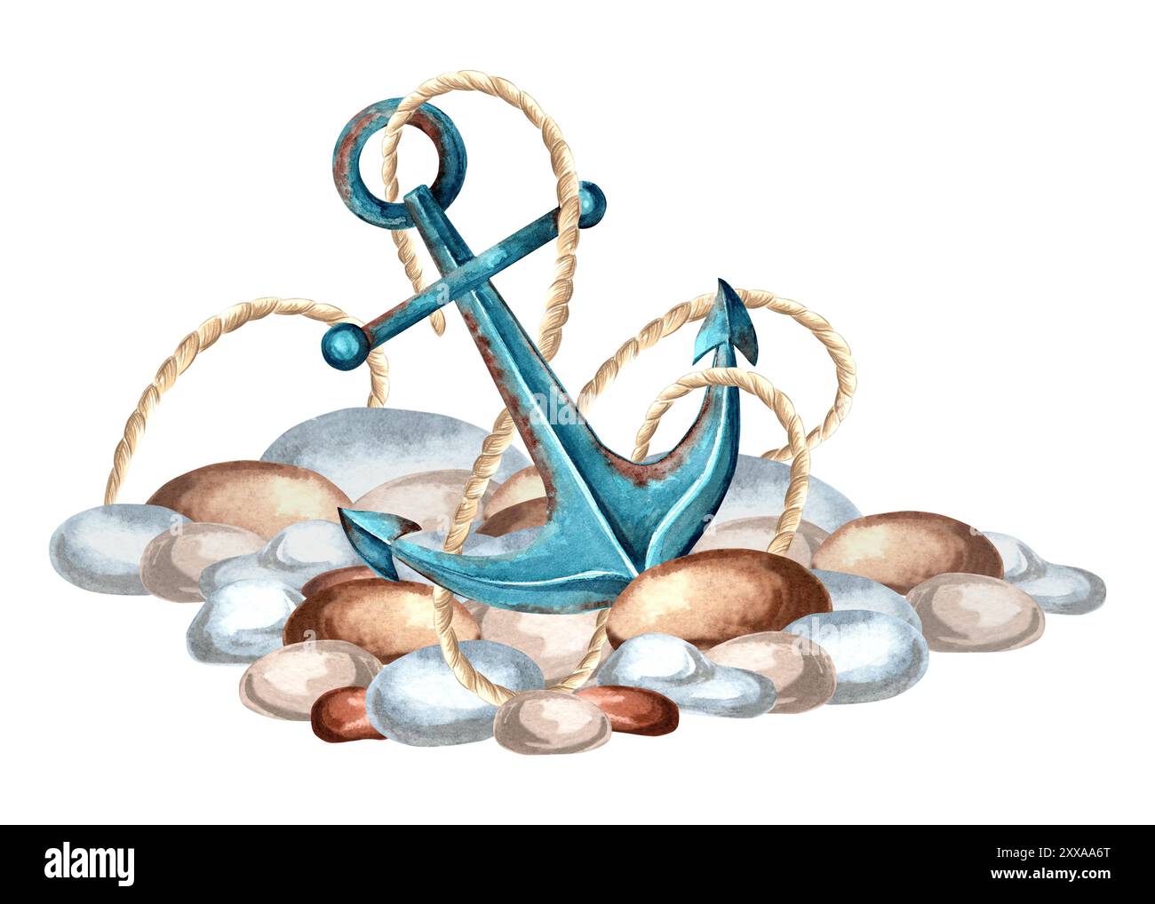 Anchor with rope on pebbles. Watercolor illustration, hand drawn ...