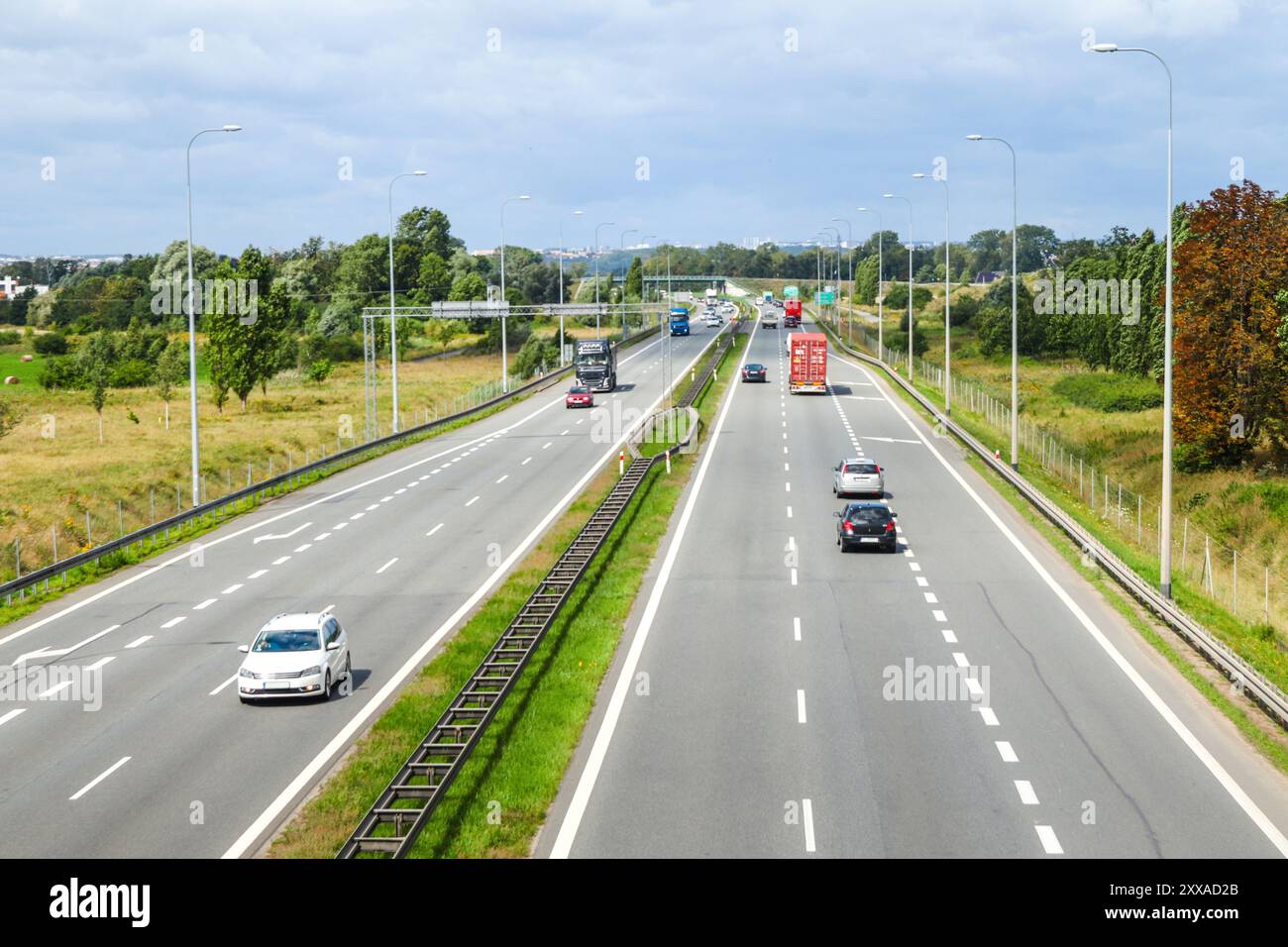 Aerial view of a highway with multiple lanes, showcasing the flow of ...