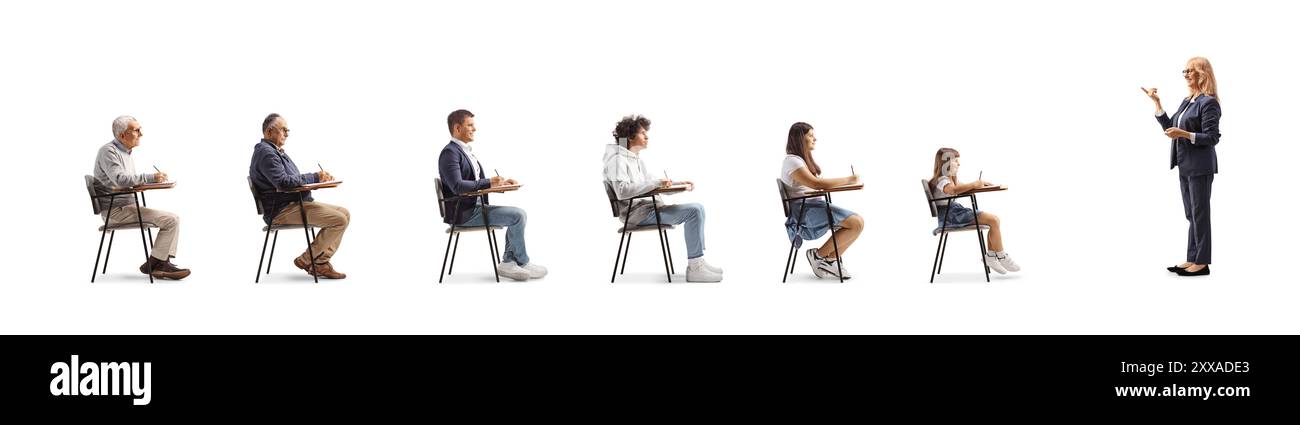 Woman talking to people seated in school chairs in a row isolated on ...