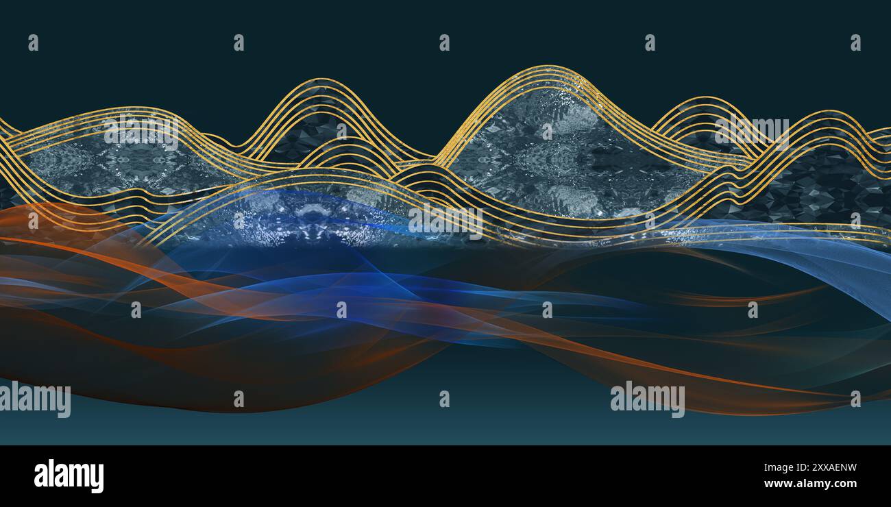 3d dark mural wallpaper. Golden wavy lines and blue mountains for wall ...