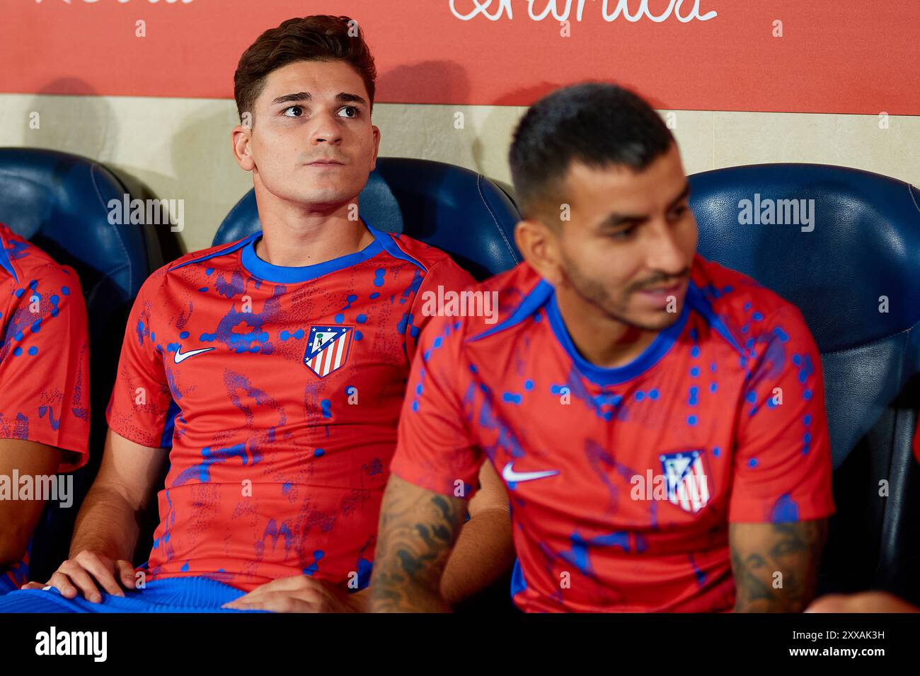 Julian Alvarez of Atletico de Madrid looks on as he sits on the ...