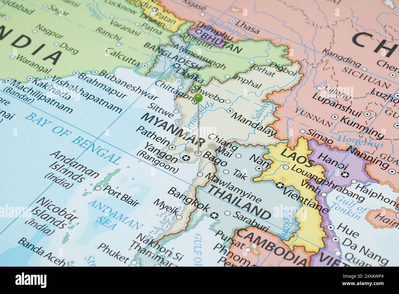 Close up to a Bago city with a green pin needle into Myanmar country ...