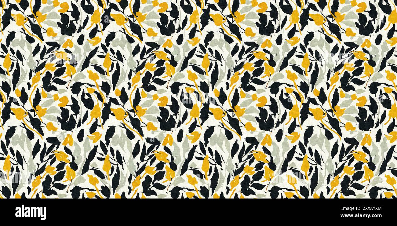 Modern printed fabric flower block print pattern with linen texture ...