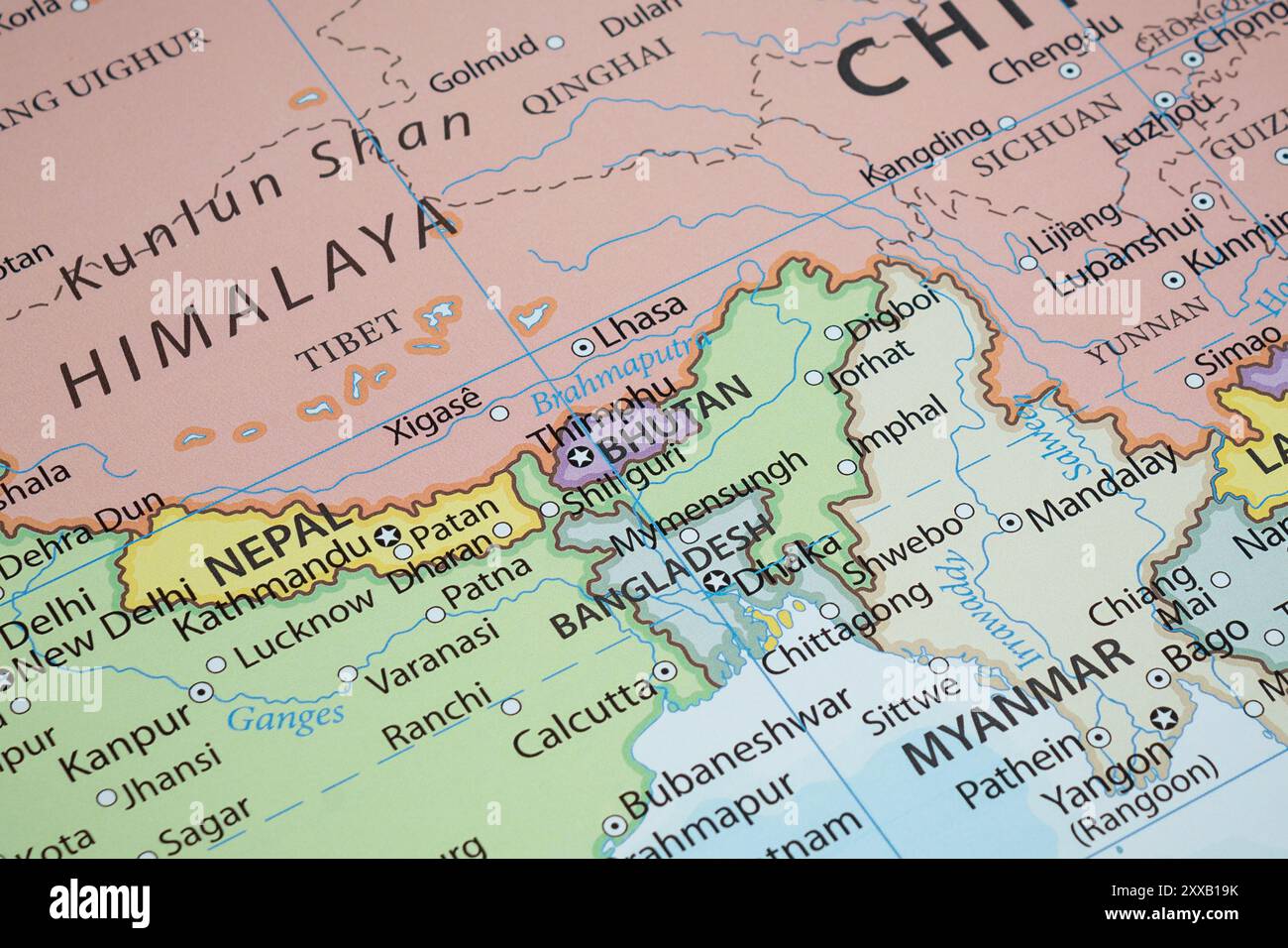 Close up to Bhutan political map with country frontiers and most ...