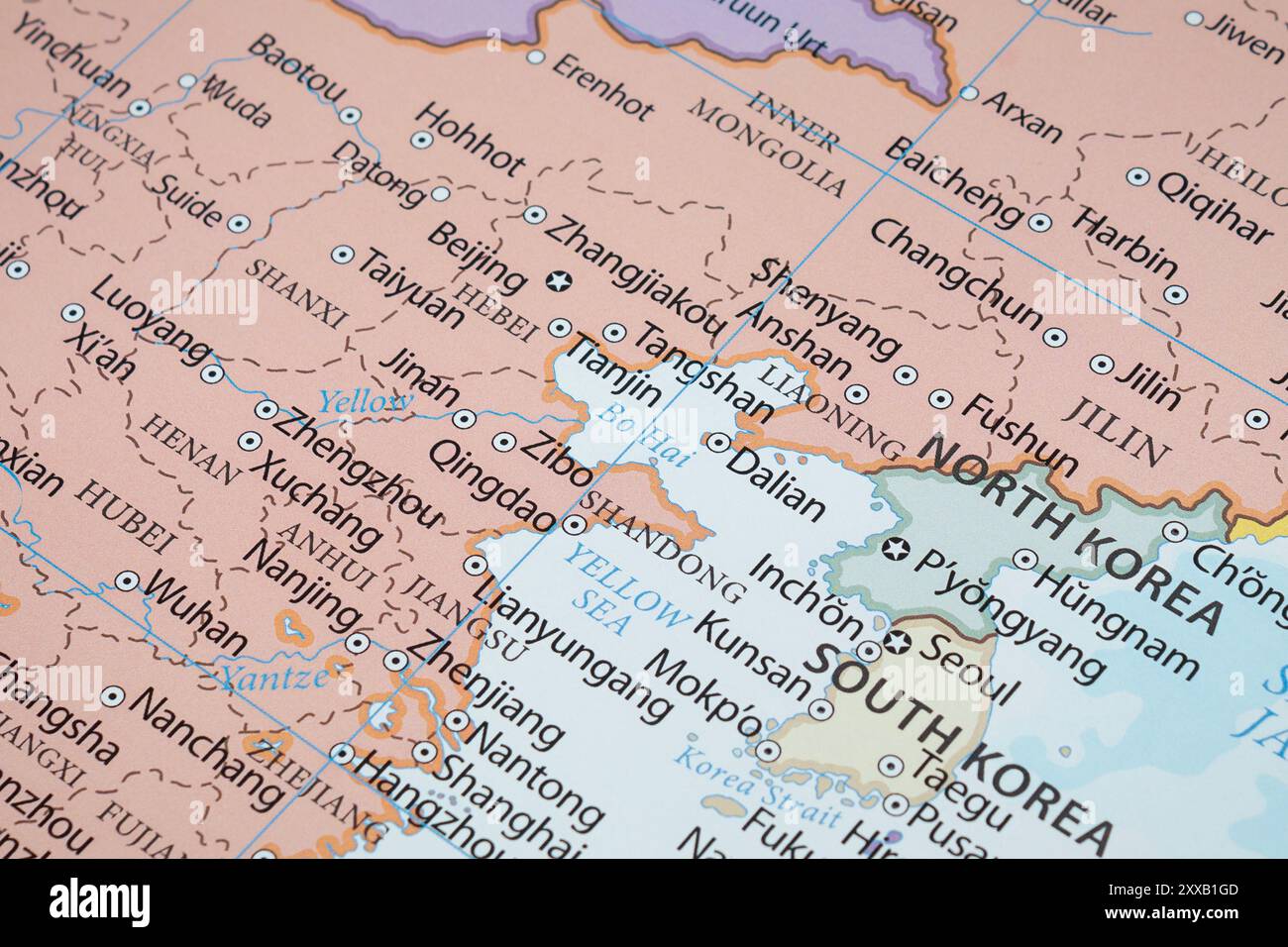 Macro photo of Bohai Sea Gulf region in china with country frontiers ...