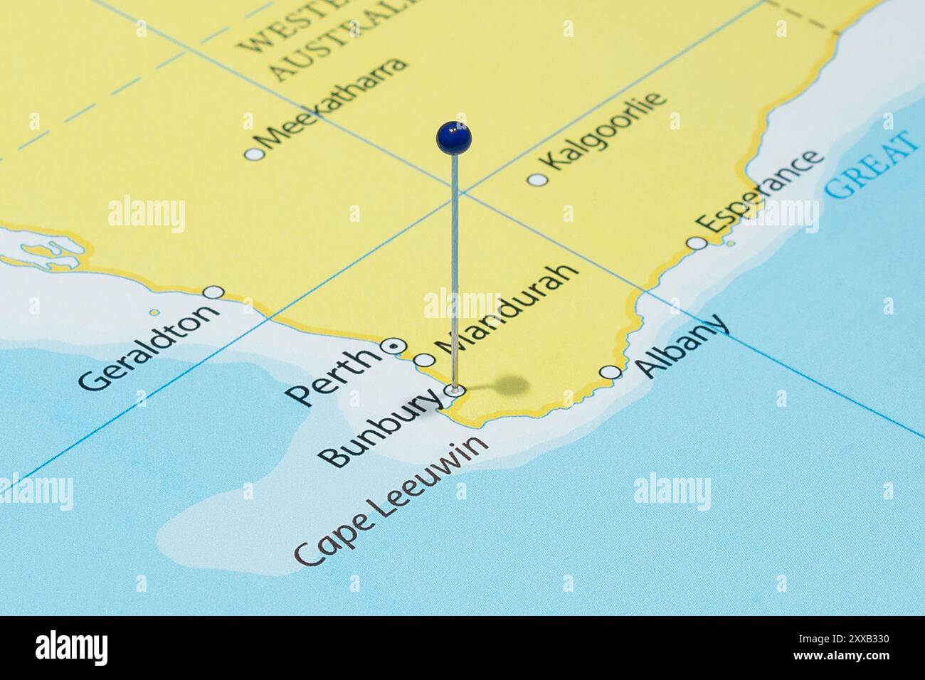 Close up to a Bunbury city with a blue pin needle into Australia ...