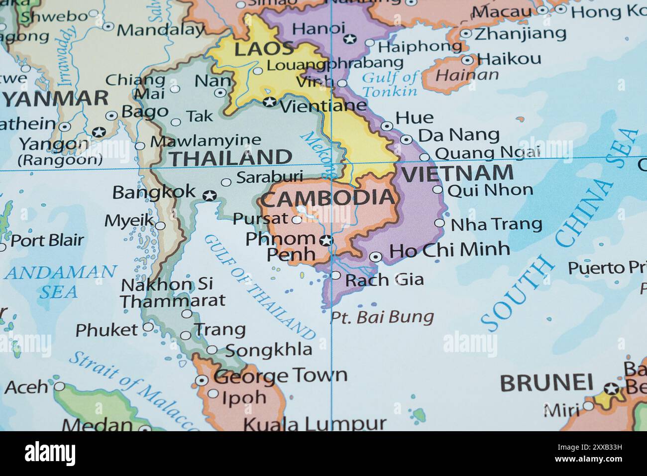 Close up to Cambodia political map with country frontiers and most ...