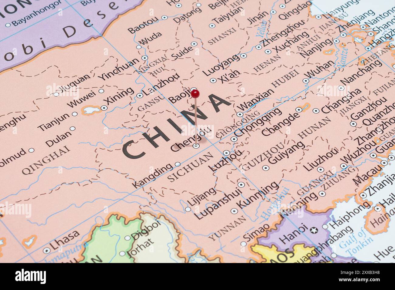 Close up to a Chengdu city with a red pin needle into China country ...