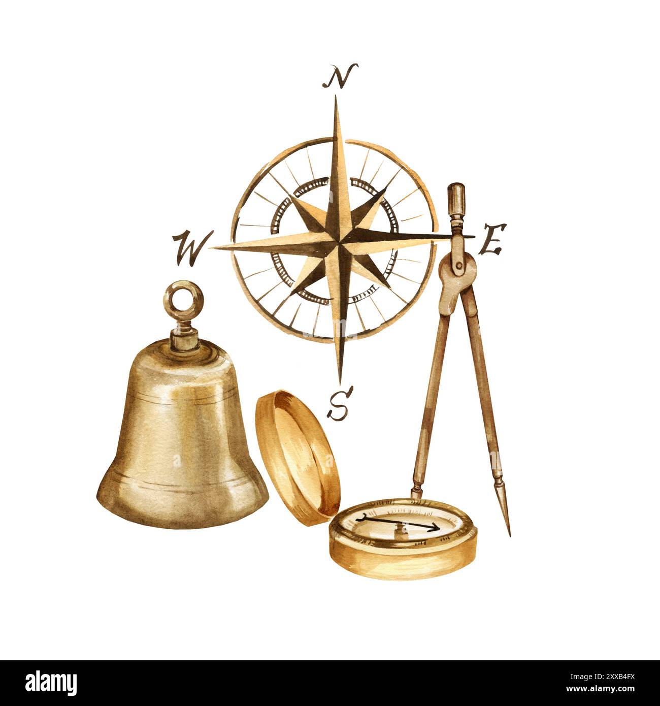 watercolor vintage navigation metal compass, rose wing, naval equipment ...