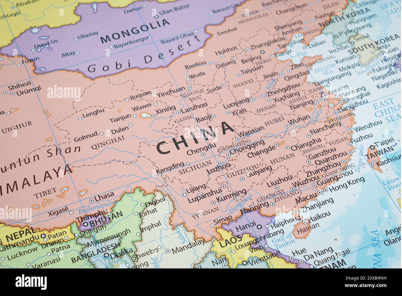 Close up to China political map with country frontiers and most ...