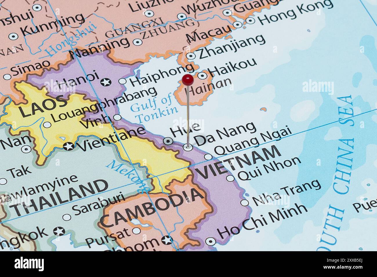 Close up to a Da Nang city with a red pin needle into Vietnam country ...