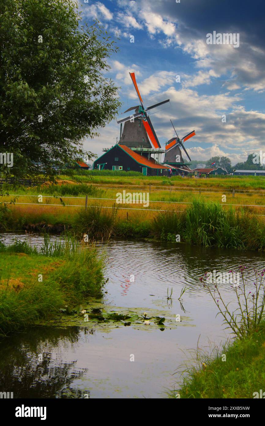 Traditional Dutch wind mills at the typical canals, Zaanse Schans ...