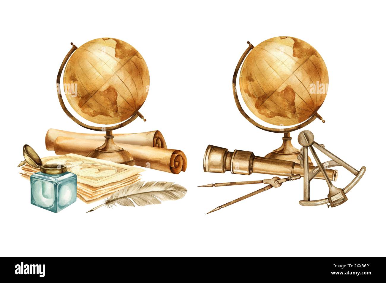 set of watercolor composition with vintage antique globe of earth, old ...