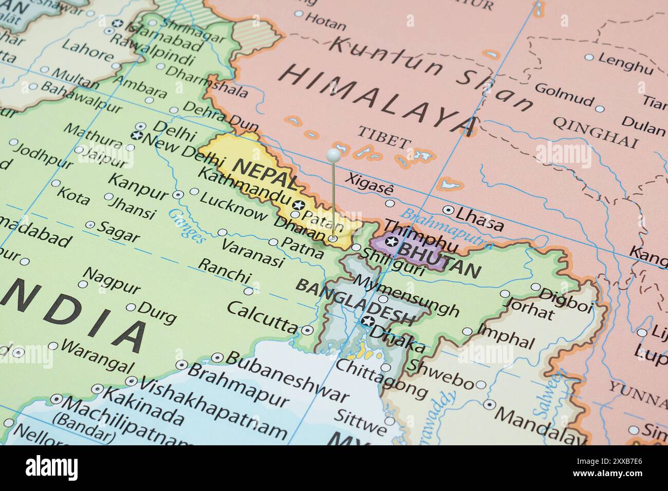 Close up to a Dharan city with a white pin needle into Nepal country ...