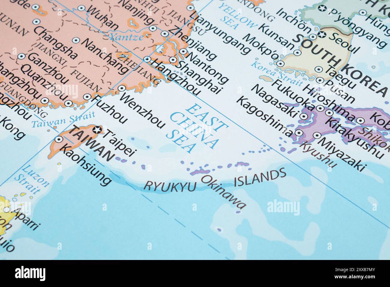 Macro photo of East China Sea region with country frontiers and most ...