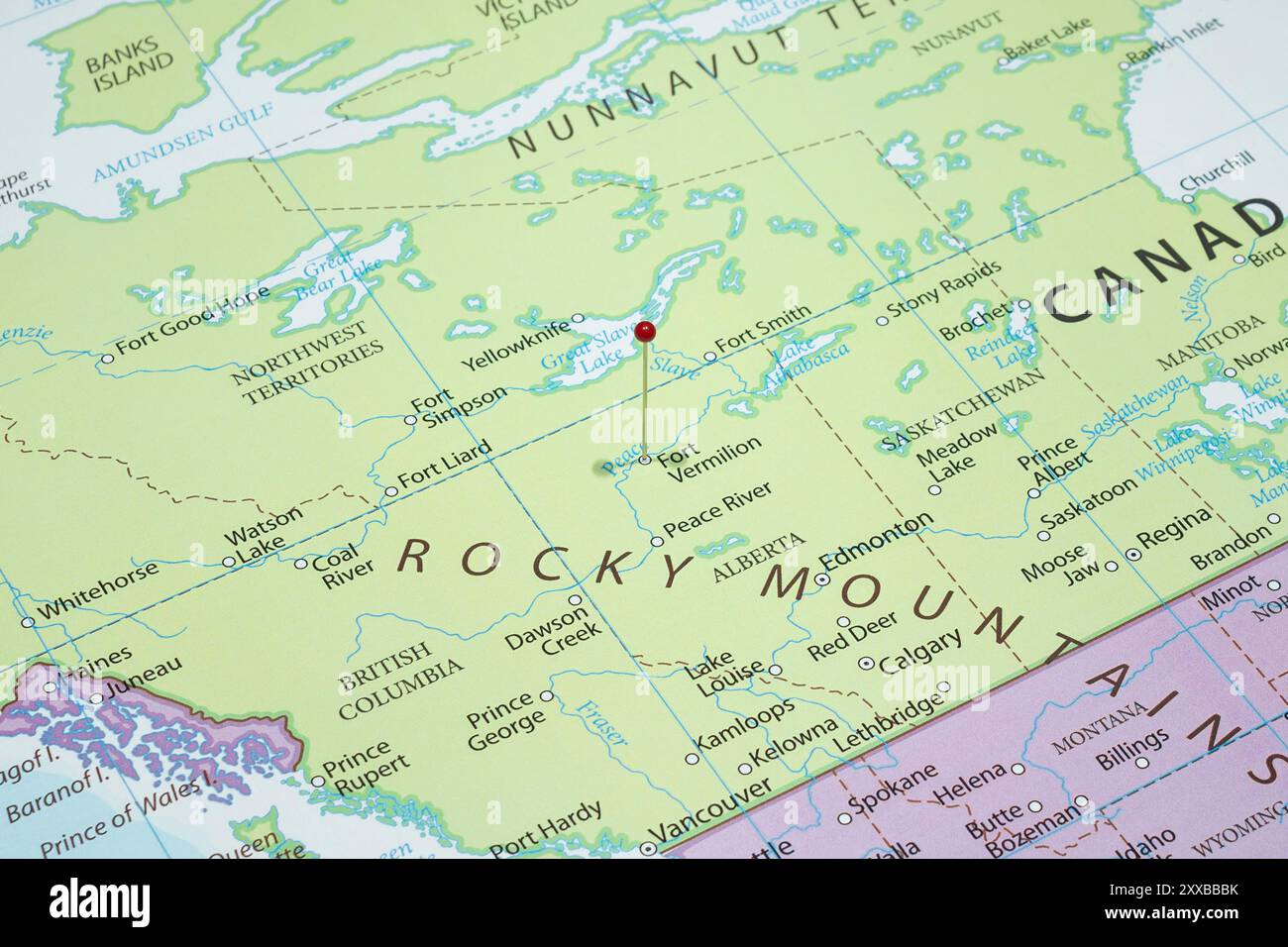 Close up to a Fort Vermilion city with a Red pin needle into Canada ...