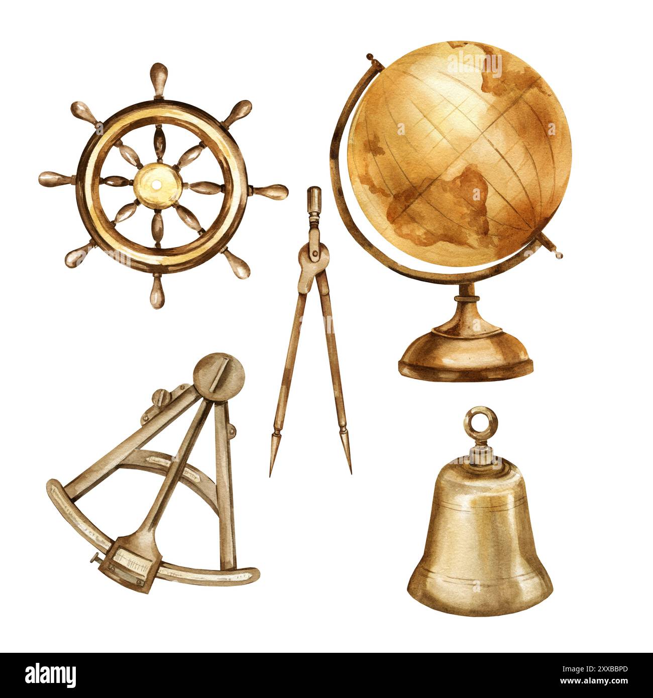 watercolor set of vintage nautical equipment, old brown globe of earth ...