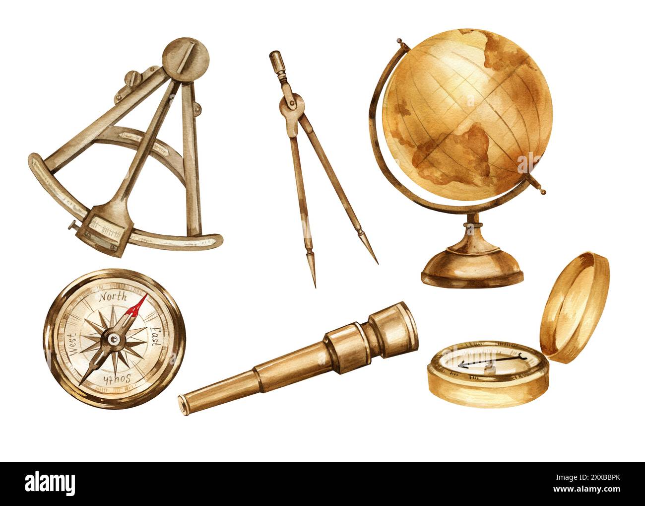 watercolor set of vintage nautical equipment, old brown globe of earth ...