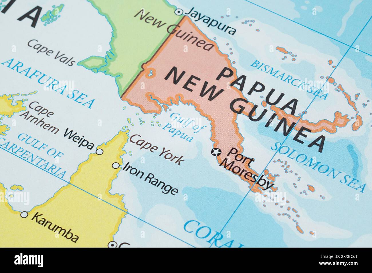 Macro photo Gulf of Papua region with country frontiers and most ...