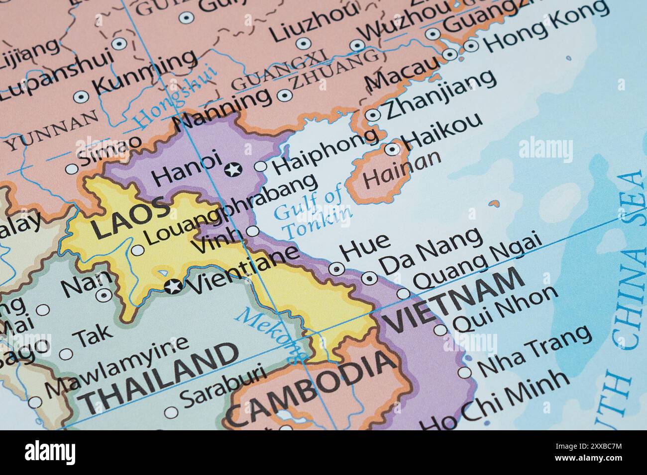 Macro photo Gulf of Tonkin region with country frontiers and most ...