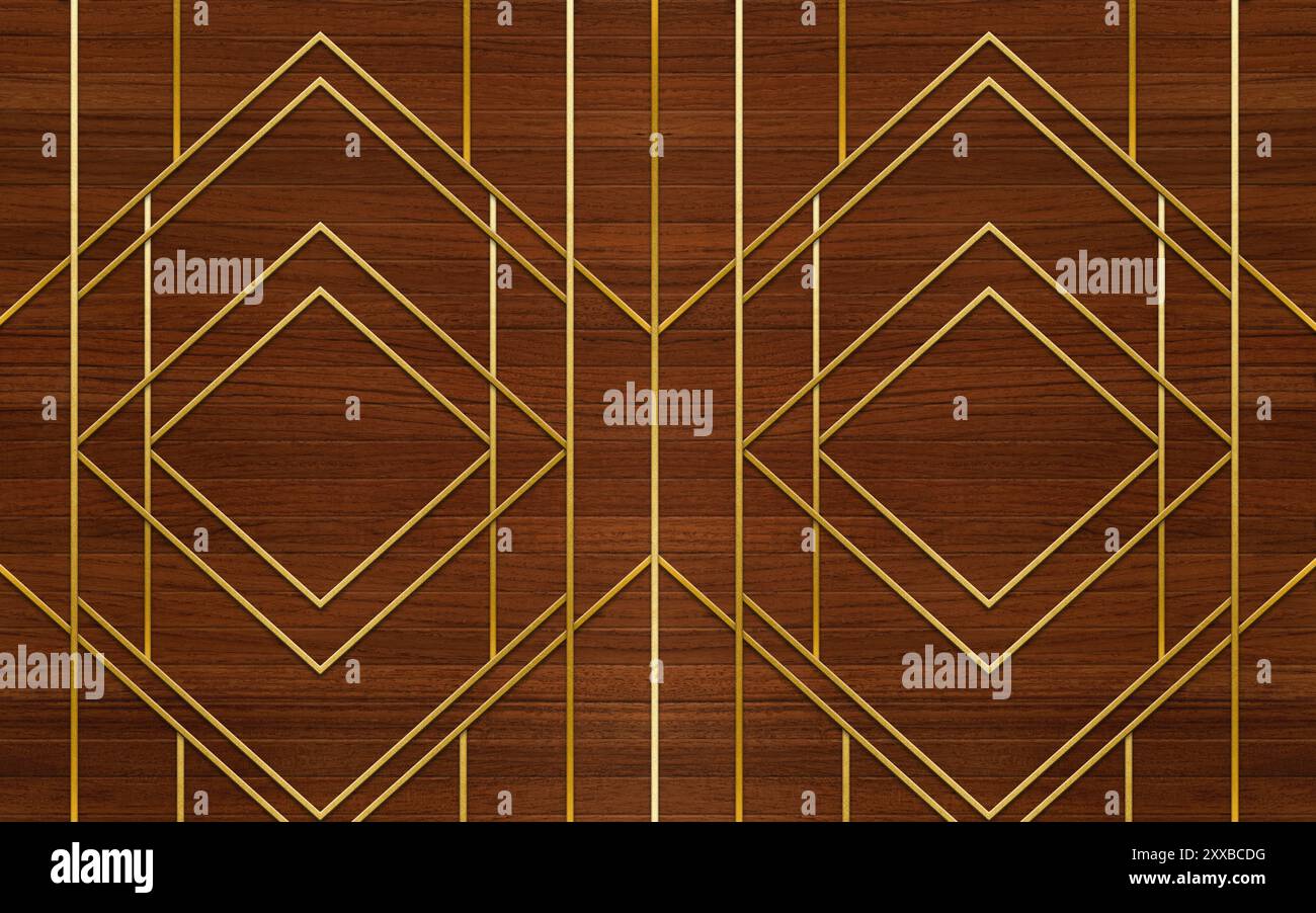 3d modern wooden geometric mural wallpaper. Golden lines in dark brown ...