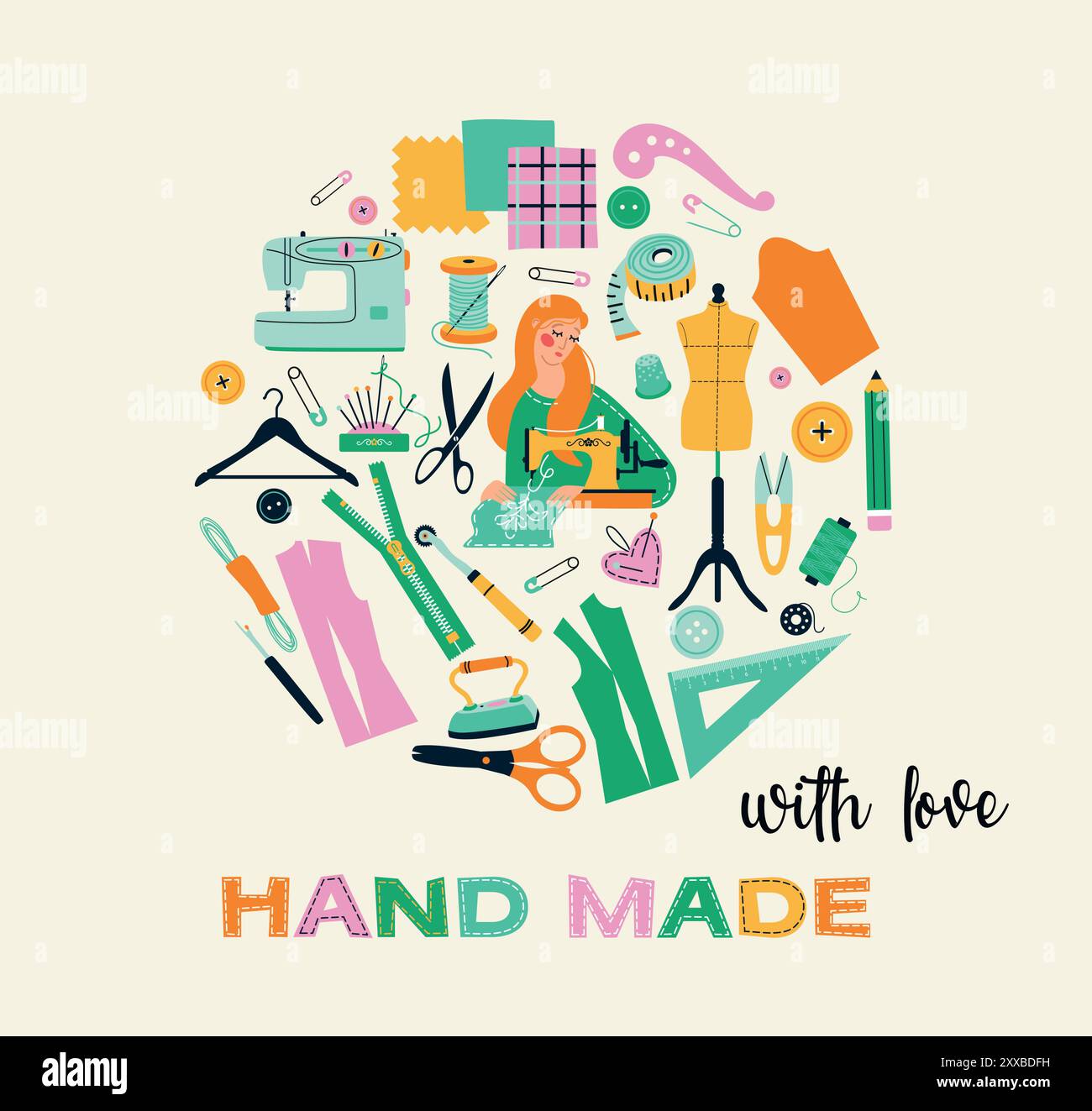 sewing tools icons tailor girl hand made workshop Stock Vector Image ...