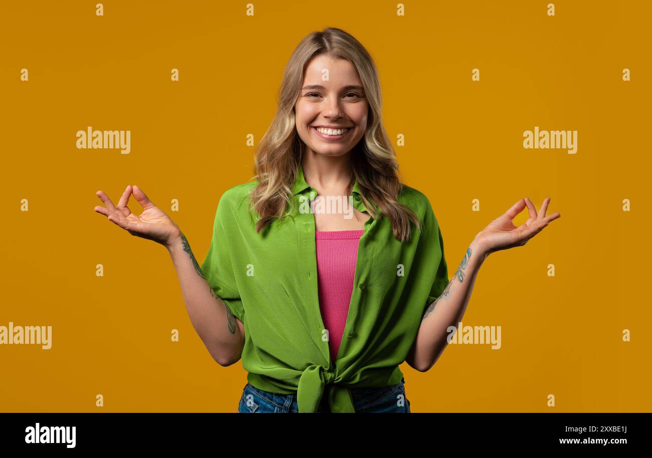 Calm woman relaxing, meditating, refuses stress. Blonde lady breathes ...