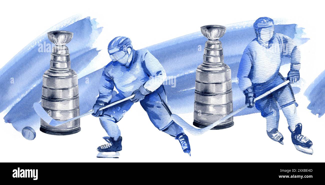 hockey players in action with sticks, the puck, hockey cup, blue ...