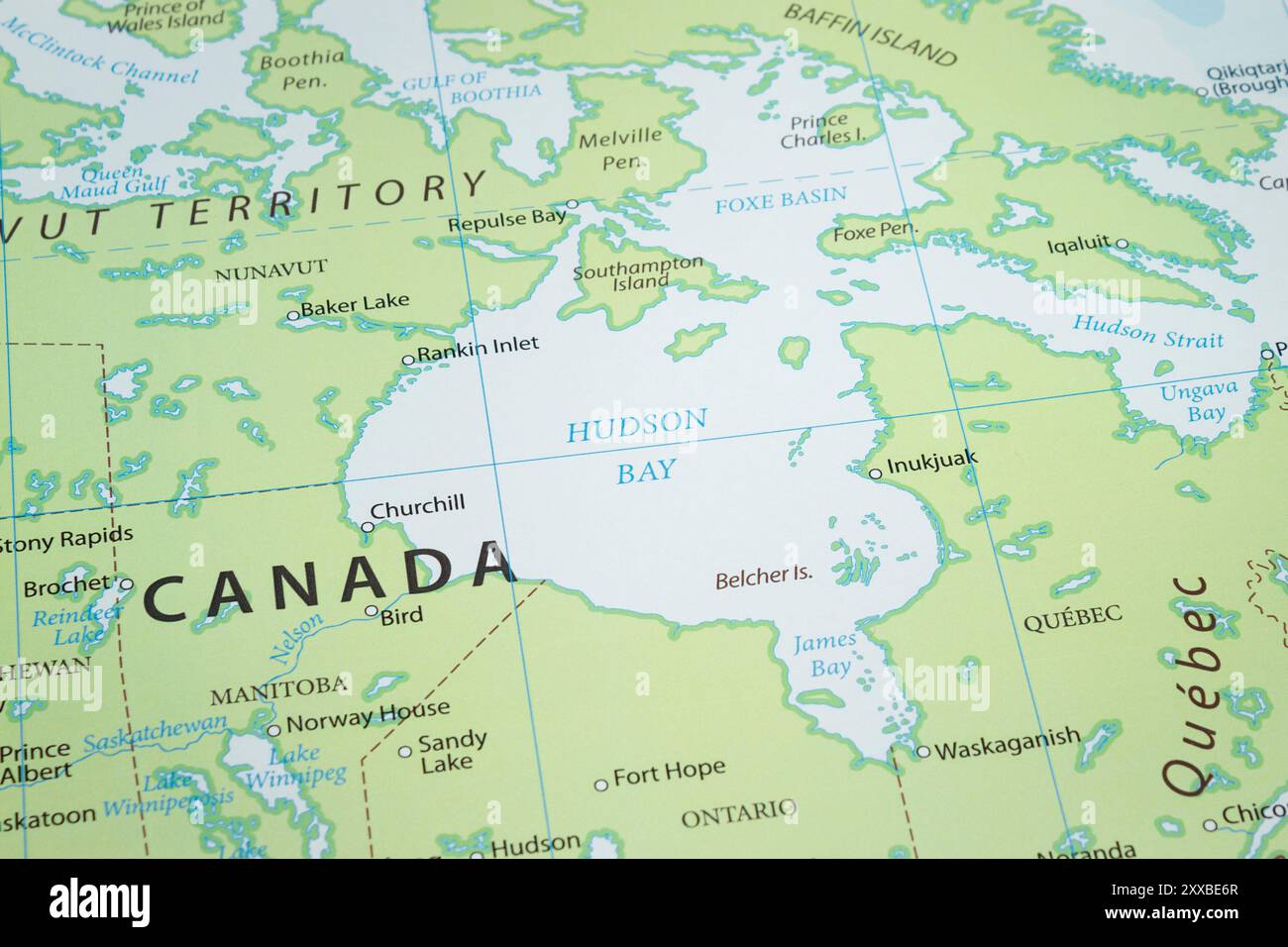 Macro photo Hudson Bay region into canada with country frontiers and ...