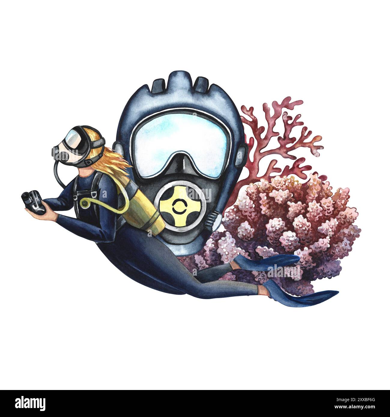 Diver woman, scuba mask and coral. Underwater travel. Hand-drawn in ...