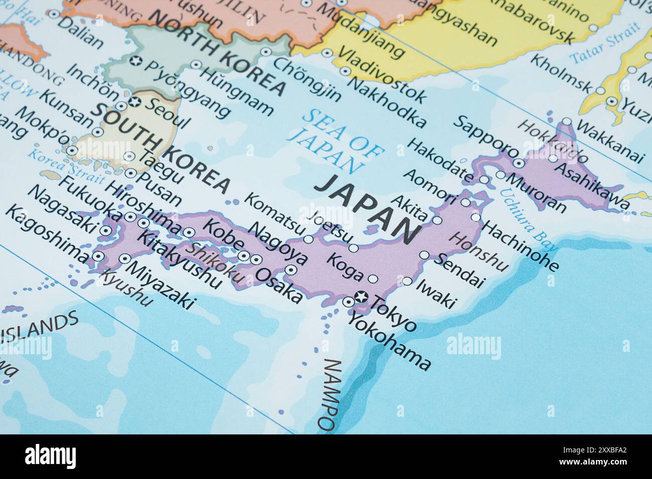 Macro photo of Japan political map with country frontiers and most ...