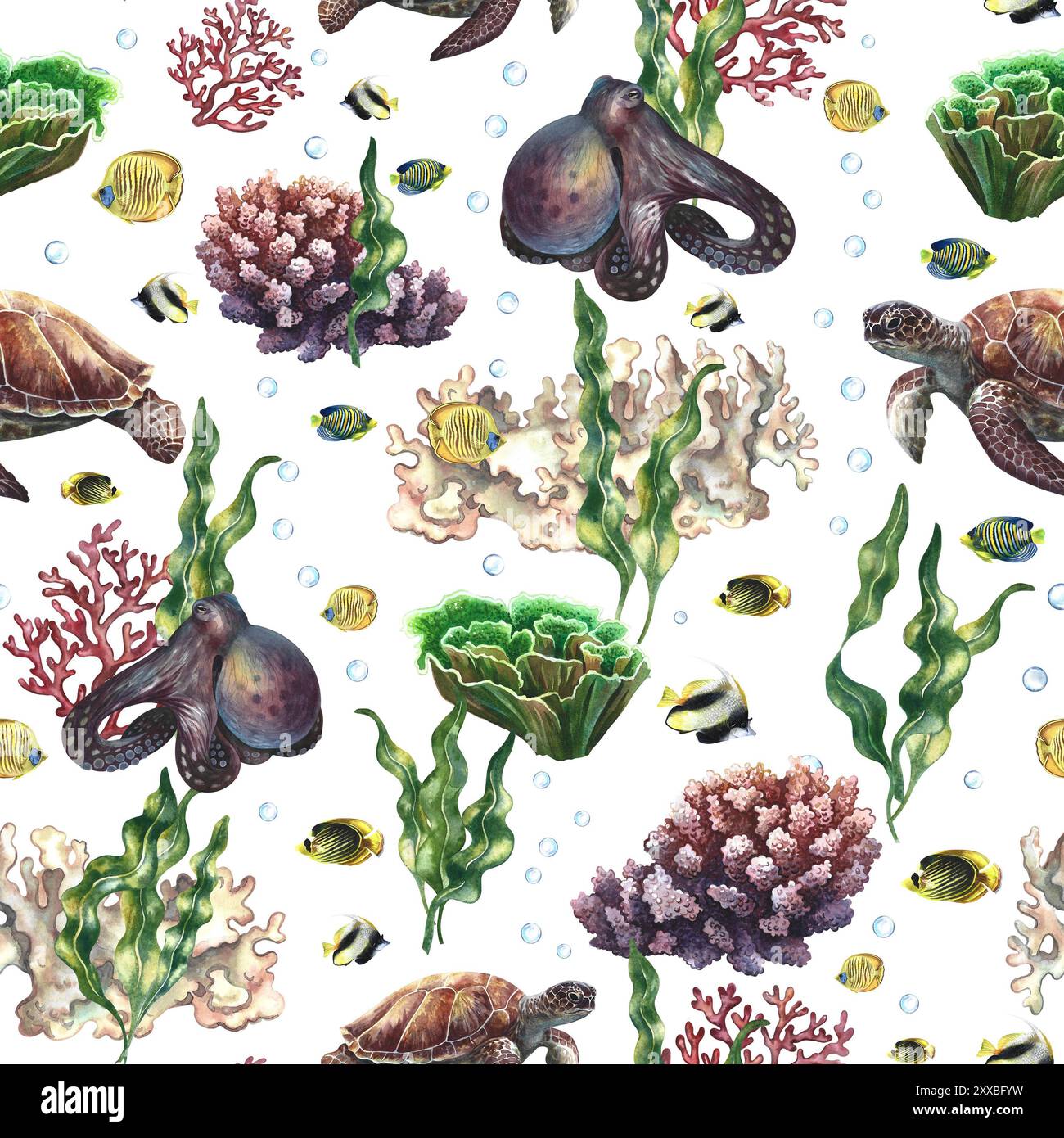 Seamless drawing depicting underwater life, corals, fish, turtles and ...