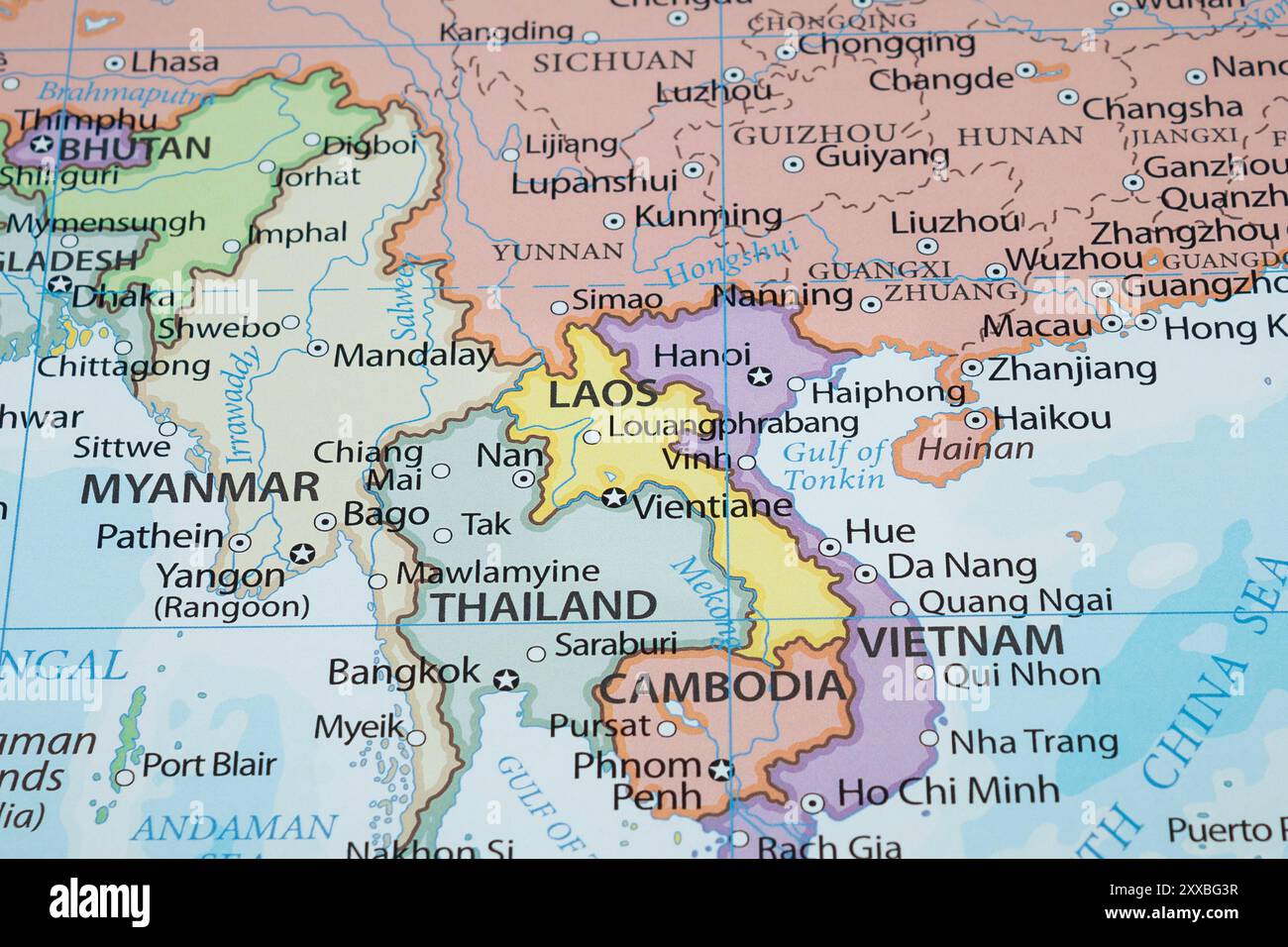 Macro photo of Laos political map with country frontiers and most ...