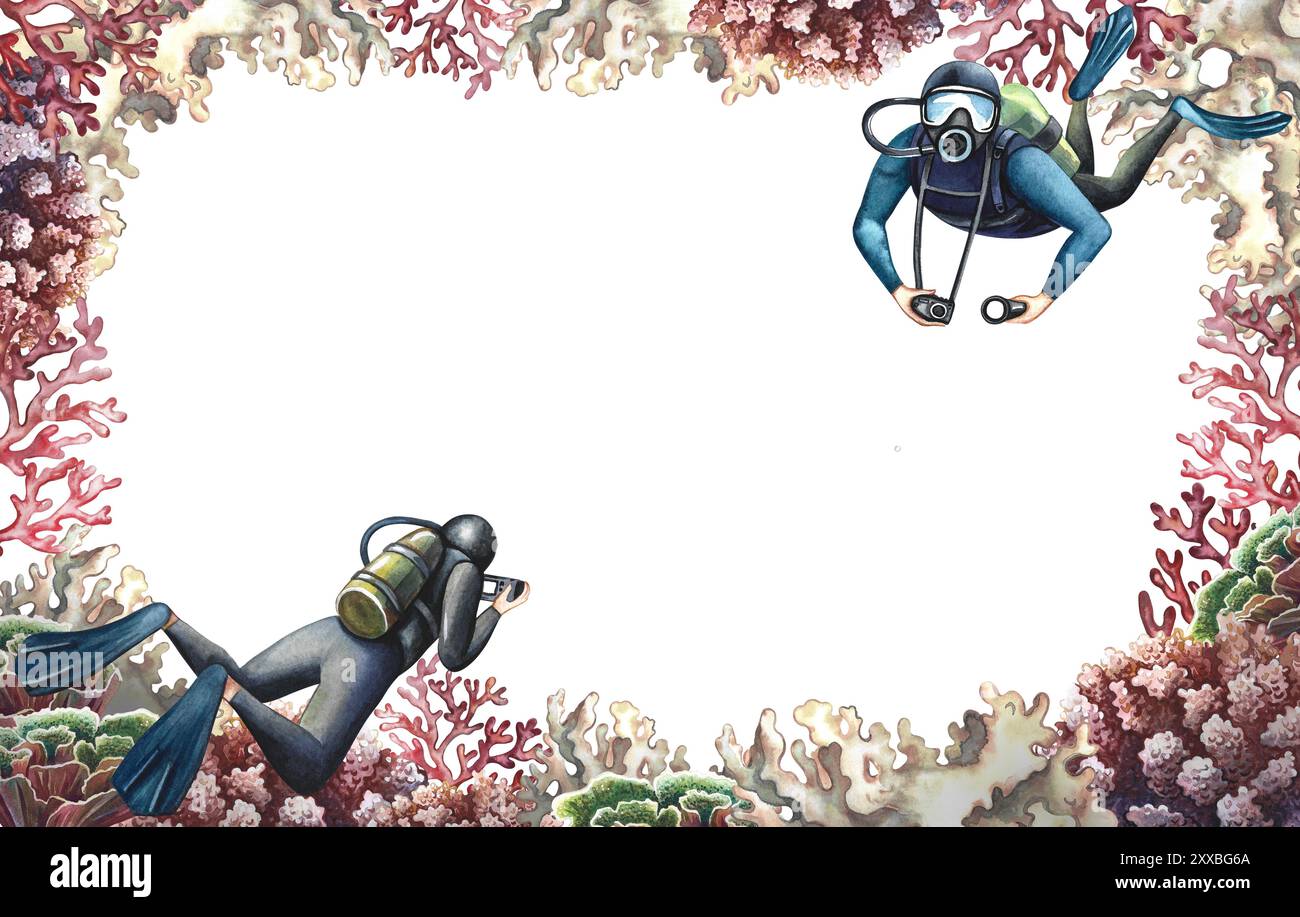 Coral frame with divers. The underwater world. A hand-drawn watercolor ...