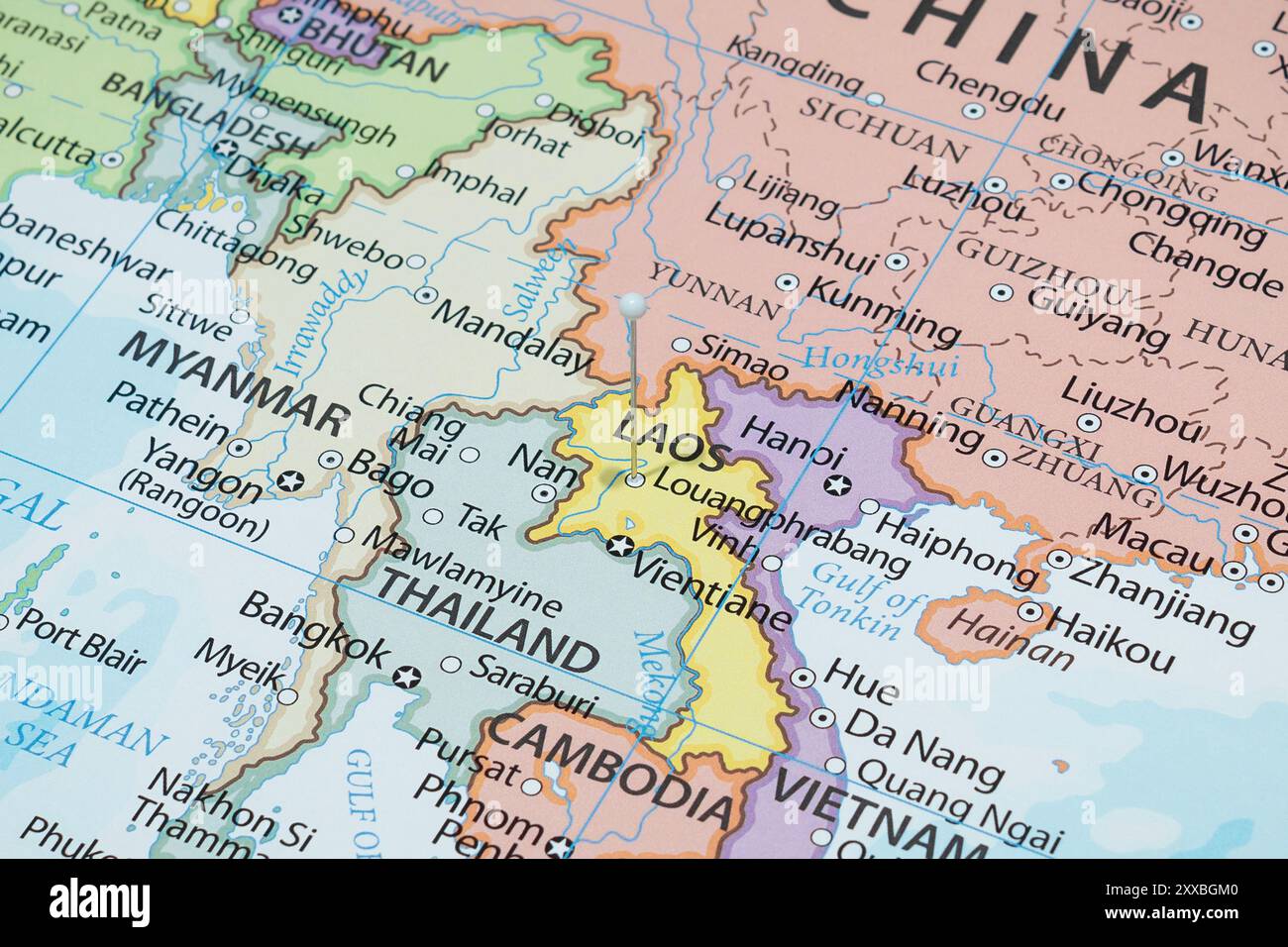 Close up to Luang Phabang city with a white pin needle into Laos ...