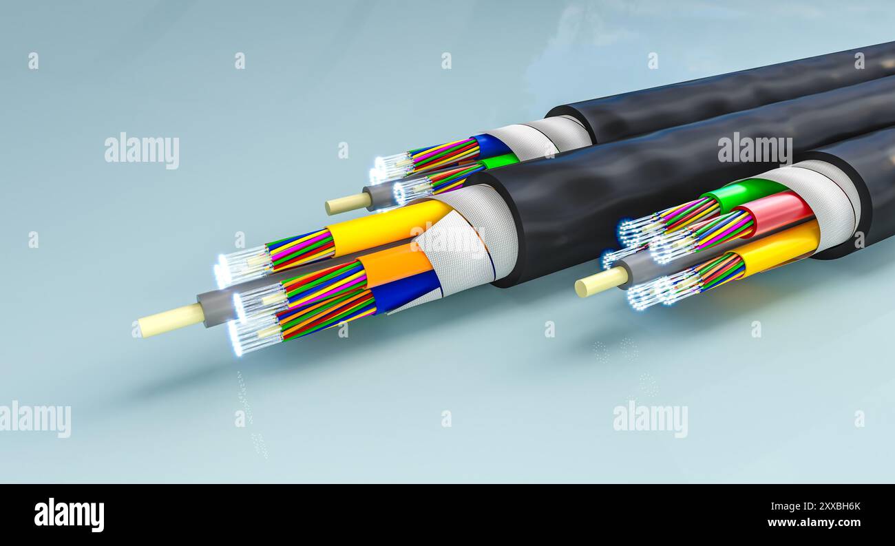 Fiber optic cables light blue background. connection concept. 3d Stock ...