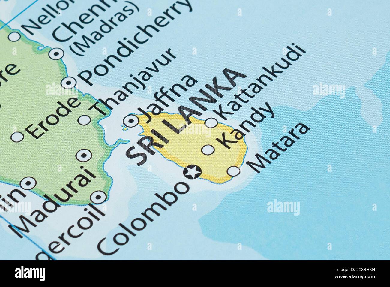 Macro photo of Sri Lanka political map with country frontiers and most ...