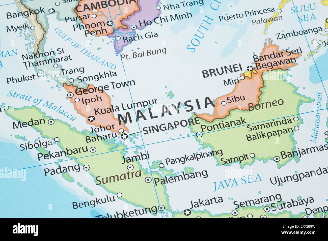 Close up to Malaysia political map with country frontiers and most ...
