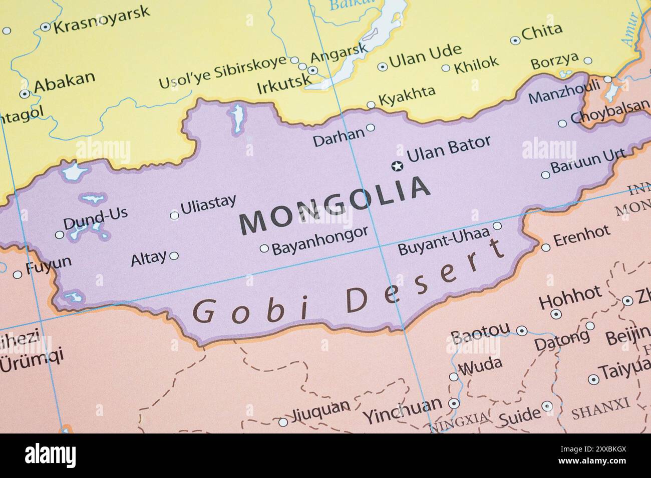 Close up to Mongolia political map with country frontiers and most ...